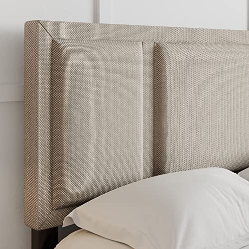 Boyd Sleep Triptych Platform Bed Frame with Fabric Upholstered Headboard and Wooden Slats Supports; Box Spring NOT Required, Linen, Beige, Queen