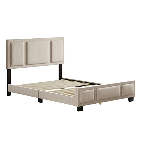 Boyd Sleep Triptych Platform Bed Frame with Fabric Upholstered Headboard and Wooden Slats Supports; Box Spring NOT Required, Linen, Beige, Queen