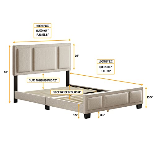 Boyd Sleep Triptych Platform Bed Frame with Fabric Upholstered Headboard and Wooden Slats Supports; Box Spring NOT Required, Linen, Beige, Queen