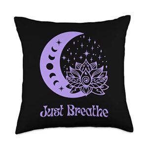 meditate yoga new age lotus flower purple moon yoga moon phase lotus flower reiki meditation just breathe throw pillow, 18x18, multicolor