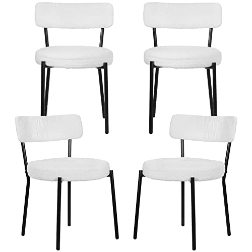 Sucrever Dining Chairs Set of 4, White, Upholstered Mid Century Modern Kitchen Dining Room Chairs with Black Metal Leg/Backrest, Boucle Velvet Accent Dining Chairs for Living Room Bedroom