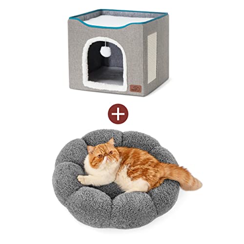 Bedsure Large Cat Cave for Pet Cat House with Fluffy Ball Hanging and Scratch Pad and Lesure Calming Flower Cat Bed for Indoor Cats Grey