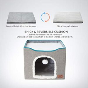 Bedsure Large Cat Cave for Pet Cat House with Fluffy Ball Hanging and Scratch Pad and Lesure Calming Flower Cat Bed for Indoor Cats Grey