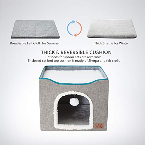 Bedsure Large Cat Cave for Pet Cat House with Fluffy Ball Hanging and Scratch Pad and Lesure Calming Flower Cat Bed for Indoor Cats Grey