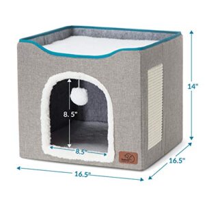 Bedsure Large Cat Cave for Pet Cat House with Fluffy Ball Hanging and Scratch Pad and Lesure Calming Flower Cat Bed for Indoor Cats Grey