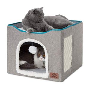 Bedsure Large Cat Cave for Pet Cat House with Fluffy Ball Hanging and Scratch Pad and Lesure Calming Flower Cat Bed for Indoor Cats Grey