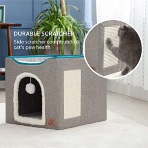 Bedsure Large Cat Cave for Pet Cat House with Fluffy Ball Hanging and Scratch Pad and Lesure Calming Flower Cat Bed for Indoor Cats Grey