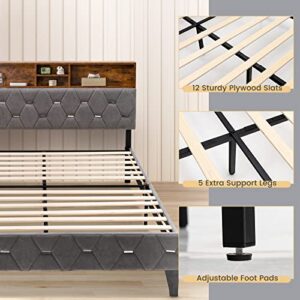 KOMFOTT Upholstered Queen Bed Frame with Storage Headboard, Platform Bed Frame with Open Shelves & Hidden Storage Space, Mattress Foundation with Plywood Slat Support, No Box Spring Needed