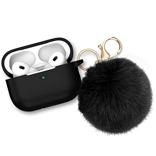 R-fun AirPods Pro 2nd/1st Generation Case Cover with Pompom Keychain, Full Protective Silicone Skin Accessories for Women Girls with Apple AirPods Pro 2022/2019 Charging Case(Black)