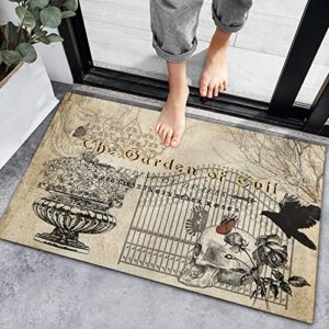 welcome doormat halloween skull iron gate floral vintage back,non slip indoor floor mat bath rug,gothic skeleton crow entrance carpet for bedroom kitchen living room bathroom decor 16x24in