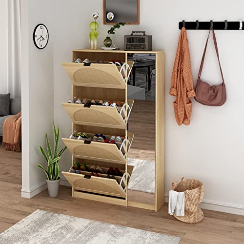 LKTART Natural Rattan Shoe Storage Cabinet 4-Tier Wood Shoe Rack Storage Organizer Door with Mirrofor Entryway