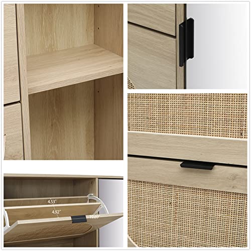 LKTART Natural Rattan Shoe Storage Cabinet 4-Tier Wood Shoe Rack Storage Organizer Door with Mirrofor Entryway