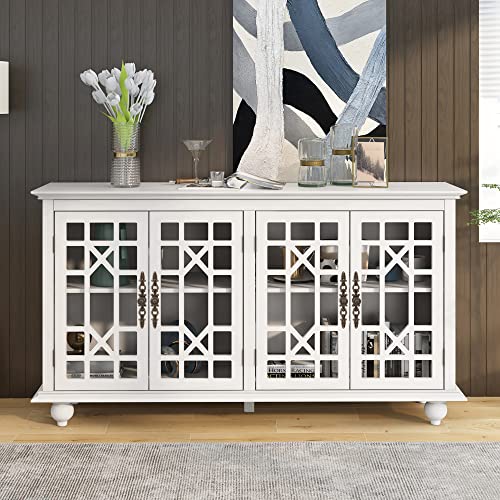 LUMISOL Farmhouse Sideboard Buffet Cabinet with Storage 4 Doors, Kitchen Sideboard Console Table Rustic Style for Living Room Adjustable Shelves Metal Handles, White