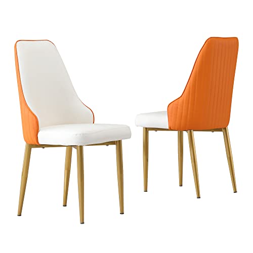 Montary Dining Chairs Set of 2, Modern White Back Pleats Faux Leather Chairs with Gold Metal Legs and Ergonomic Backrest for Living Kitchen Dining Room Chairs (Orange Chairs)