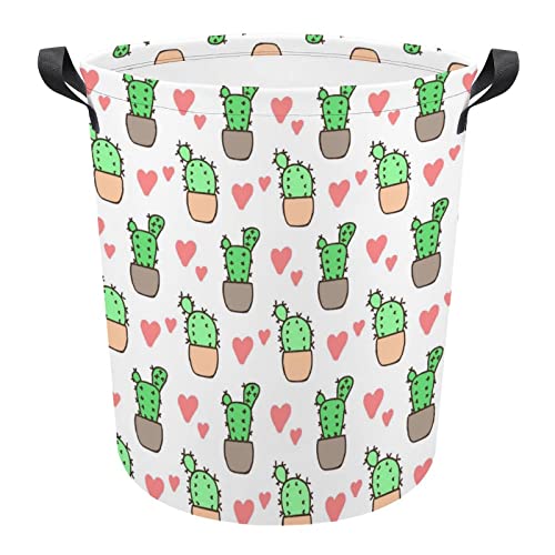 Cartoon Love Cactus Pattern Large Laundry Basket Hamper Bag Washing with Handles for College Dorm Portable