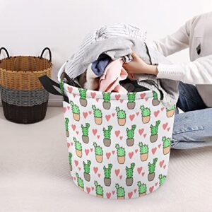 Cartoon Love Cactus Pattern Large Laundry Basket Hamper Bag Washing with Handles for College Dorm Portable