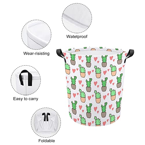 Cartoon Love Cactus Pattern Large Laundry Basket Hamper Bag Washing with Handles for College Dorm Portable