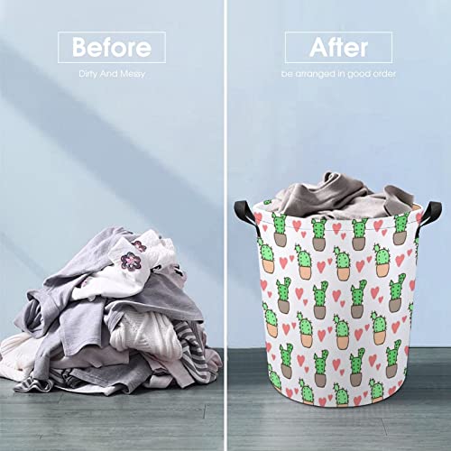 Cartoon Love Cactus Pattern Large Laundry Basket Hamper Bag Washing with Handles for College Dorm Portable