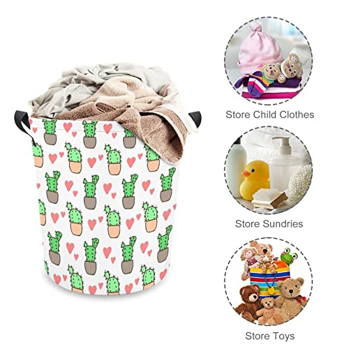 Cartoon Love Cactus Pattern Large Laundry Basket Hamper Bag Washing with Handles for College Dorm Portable