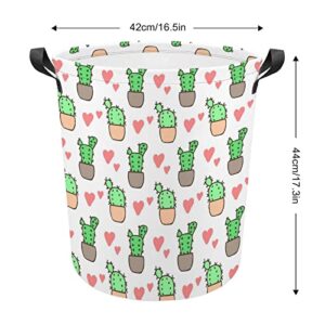 Cartoon Love Cactus Pattern Large Laundry Basket Hamper Bag Washing with Handles for College Dorm Portable