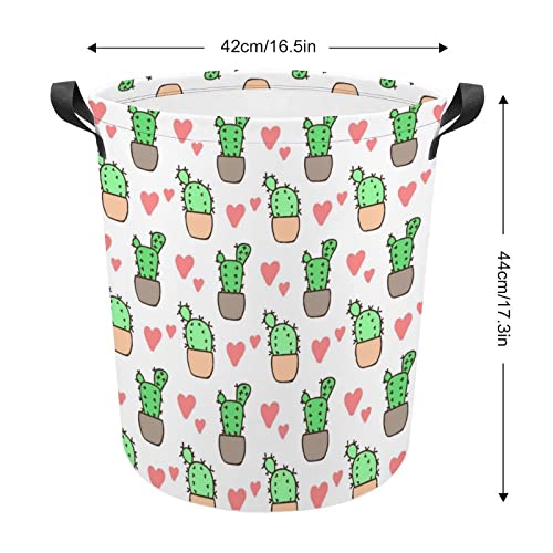 Cartoon Love Cactus Pattern Large Laundry Basket Hamper Bag Washing with Handles for College Dorm Portable