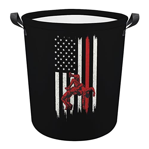 America Wrestling Flag Large Laundry Basket Hamper Bag Washing with Handles for College Dorm Portable