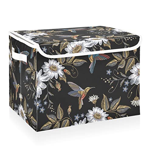 CaTaKu Bird Chamomile Storage Bins with Lids and Handles, Fabric Large Storage Container Cube Basket with Lid Decorative Storage Boxes for Organizing Clothes