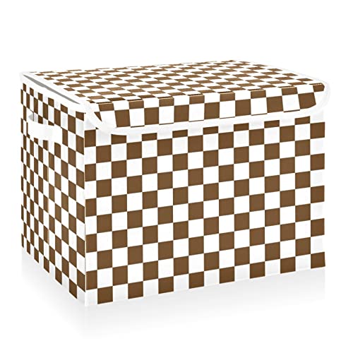 CaTaKu Chess Board Brown Storage Bins with Lids and Handles, Fabric Large Storage Container Cube Basket with Lid Decorative Storage Boxes for Organizing Clothes