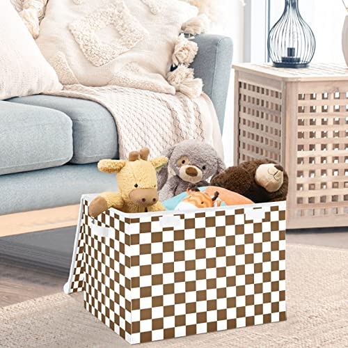 CaTaKu Chess Board Brown Storage Bins with Lids and Handles, Fabric Large Storage Container Cube Basket with Lid Decorative Storage Boxes for Organizing Clothes