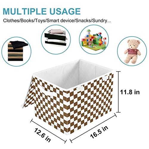 CaTaKu Chess Board Brown Storage Bins with Lids and Handles, Fabric Large Storage Container Cube Basket with Lid Decorative Storage Boxes for Organizing Clothes