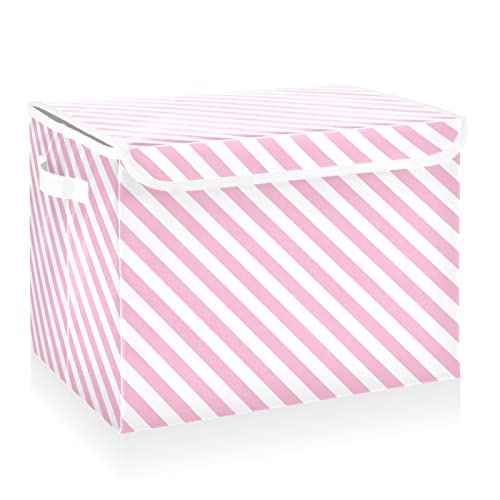 CaTaKu Pink Stripes Storage Bins with Lids and Handles, Fabric Large Storage Container Cube Basket with Lid Decorative Storage Boxes for Organizing Clothes