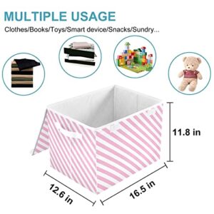 CaTaKu Pink Stripes Storage Bins with Lids and Handles, Fabric Large Storage Container Cube Basket with Lid Decorative Storage Boxes for Organizing Clothes