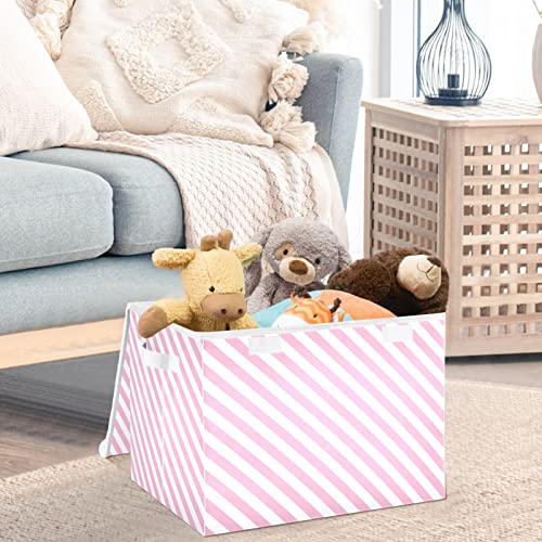 CaTaKu Pink Stripes Storage Bins with Lids and Handles, Fabric Large Storage Container Cube Basket with Lid Decorative Storage Boxes for Organizing Clothes