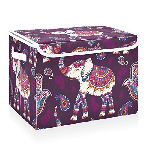 CaTaKu Bohemia Elephant Storage Bins with Lids and Handles, Fabric Large Storage Container Cube Basket with Lid Decorative Storage Boxes for Organizing Clothes