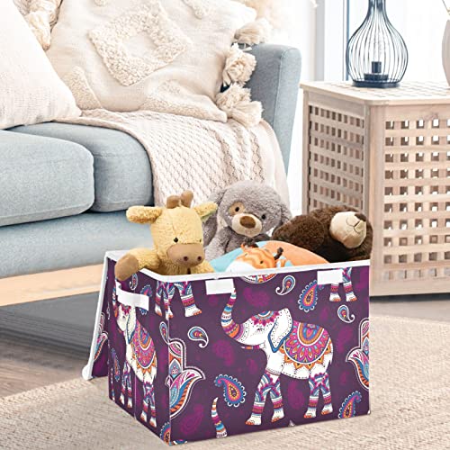 CaTaKu Bohemia Elephant Storage Bins with Lids and Handles, Fabric Large Storage Container Cube Basket with Lid Decorative Storage Boxes for Organizing Clothes