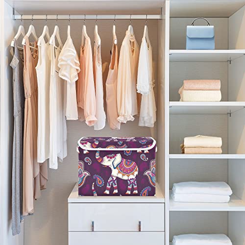 CaTaKu Bohemia Elephant Storage Bins with Lids and Handles, Fabric Large Storage Container Cube Basket with Lid Decorative Storage Boxes for Organizing Clothes