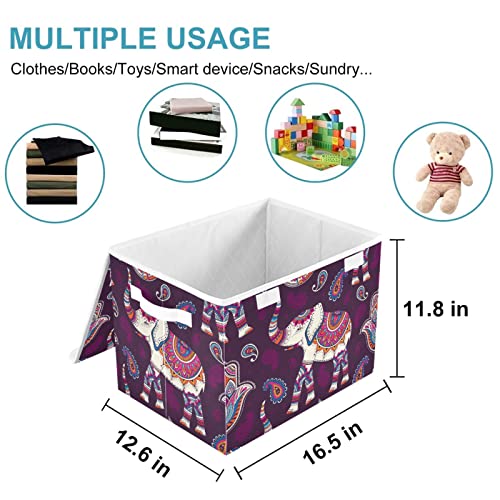 CaTaKu Bohemia Elephant Storage Bins with Lids and Handles, Fabric Large Storage Container Cube Basket with Lid Decorative Storage Boxes for Organizing Clothes