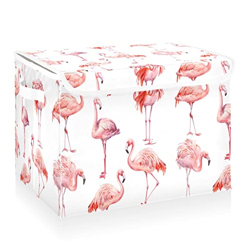 CaTaKu Flamingo White Storage Bins with Lids and Handles, Fabric Large Storage Container Cube Basket with Lid Decorative Storage Boxes for Organizing Clothes