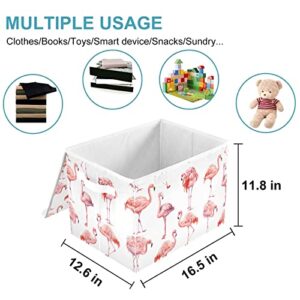 CaTaKu Flamingo White Storage Bins with Lids and Handles, Fabric Large Storage Container Cube Basket with Lid Decorative Storage Boxes for Organizing Clothes