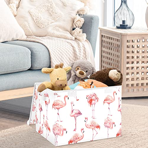 CaTaKu Flamingo White Storage Bins with Lids and Handles, Fabric Large Storage Container Cube Basket with Lid Decorative Storage Boxes for Organizing Clothes