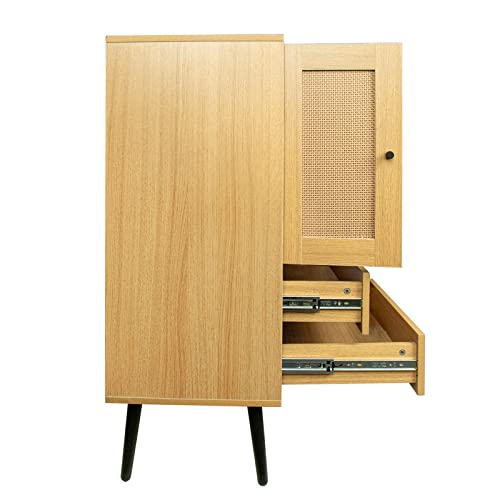 Angel Sar Soft Close Accent Cabinet, Buffet Sideboard Cabinet with 2 Drawers, Rattan Decorated Door, Adjustable Shelves, Dresser, Storage Cabinet for Dining, Living, Bedroom, Hallway