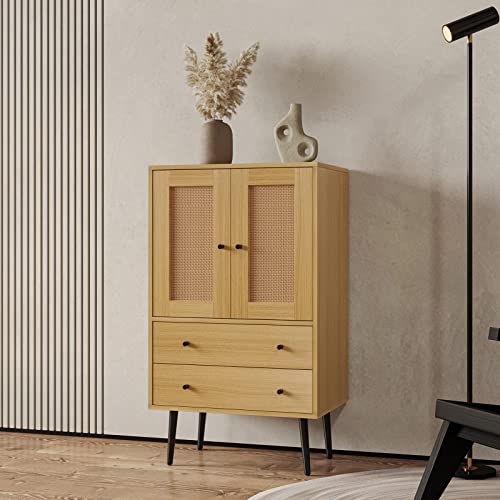 Angel Sar Soft Close Accent Cabinet, Buffet Sideboard Cabinet with 2 Drawers, Rattan Decorated Door, Adjustable Shelves, Dresser, Storage Cabinet for Dining, Living, Bedroom, Hallway