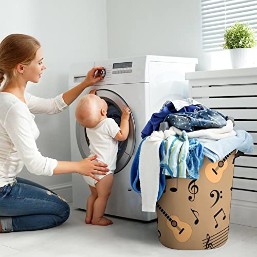 Guitars and Note Large Laundry Basket Hamper Bag Washing with Handles for College Dorm Portable