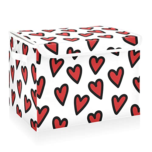 CaTaKu Red Hearts Black Storage Bins with Lids and Handles, Fabric Large Storage Container Cube Basket with Lid Decorative Storage Boxes for Organizing Clothes