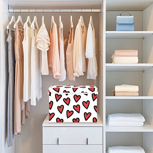 CaTaKu Red Hearts Black Storage Bins with Lids and Handles, Fabric Large Storage Container Cube Basket with Lid Decorative Storage Boxes for Organizing Clothes