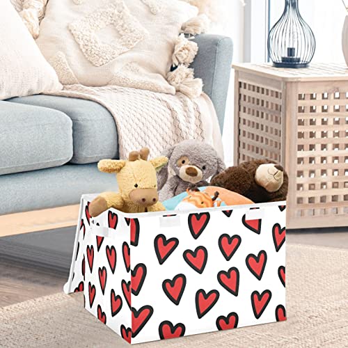 CaTaKu Red Hearts Black Storage Bins with Lids and Handles, Fabric Large Storage Container Cube Basket with Lid Decorative Storage Boxes for Organizing Clothes