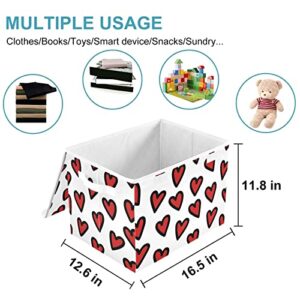 CaTaKu Red Hearts Black Storage Bins with Lids and Handles, Fabric Large Storage Container Cube Basket with Lid Decorative Storage Boxes for Organizing Clothes