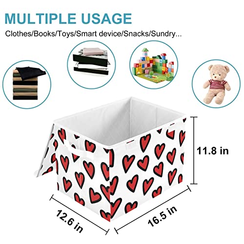 CaTaKu Red Hearts Black Storage Bins with Lids and Handles, Fabric Large Storage Container Cube Basket with Lid Decorative Storage Boxes for Organizing Clothes