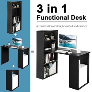 MJWDP Computer Desk Writing Workstation Office with 6 Tier Storage Shelves in Black Desk