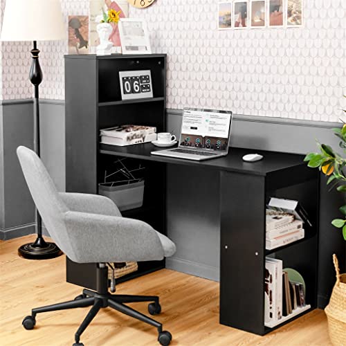 MJWDP Computer Desk Writing Workstation Office with 6 Tier Storage Shelves in Black Desk